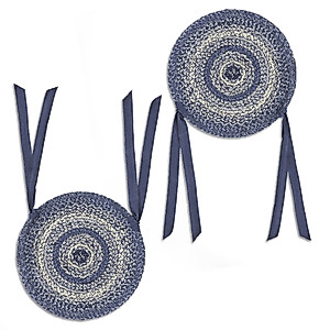 VHC Brands Great Falls Blue Jute Chair Pad with Ties-Braided Dining Room Kitchen Farmhouse Decor,15 inch Diameter, Set of 2 Pieces