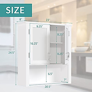 MEETWARM Bathroom Cabinet Wall Mounted with Double Doors, Wood Hanging Cabinet, Medicine Cabinet Storage Organizer with Height Adjustable Shelves Over The Toilet, White