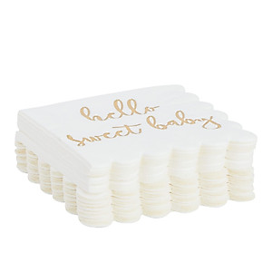 Juvale 50 Pack White Scalloped Baby Shower Napkins for Girls and Boys, Gold Foil Hello Sweet Baby Decorations (5 x 5 In)