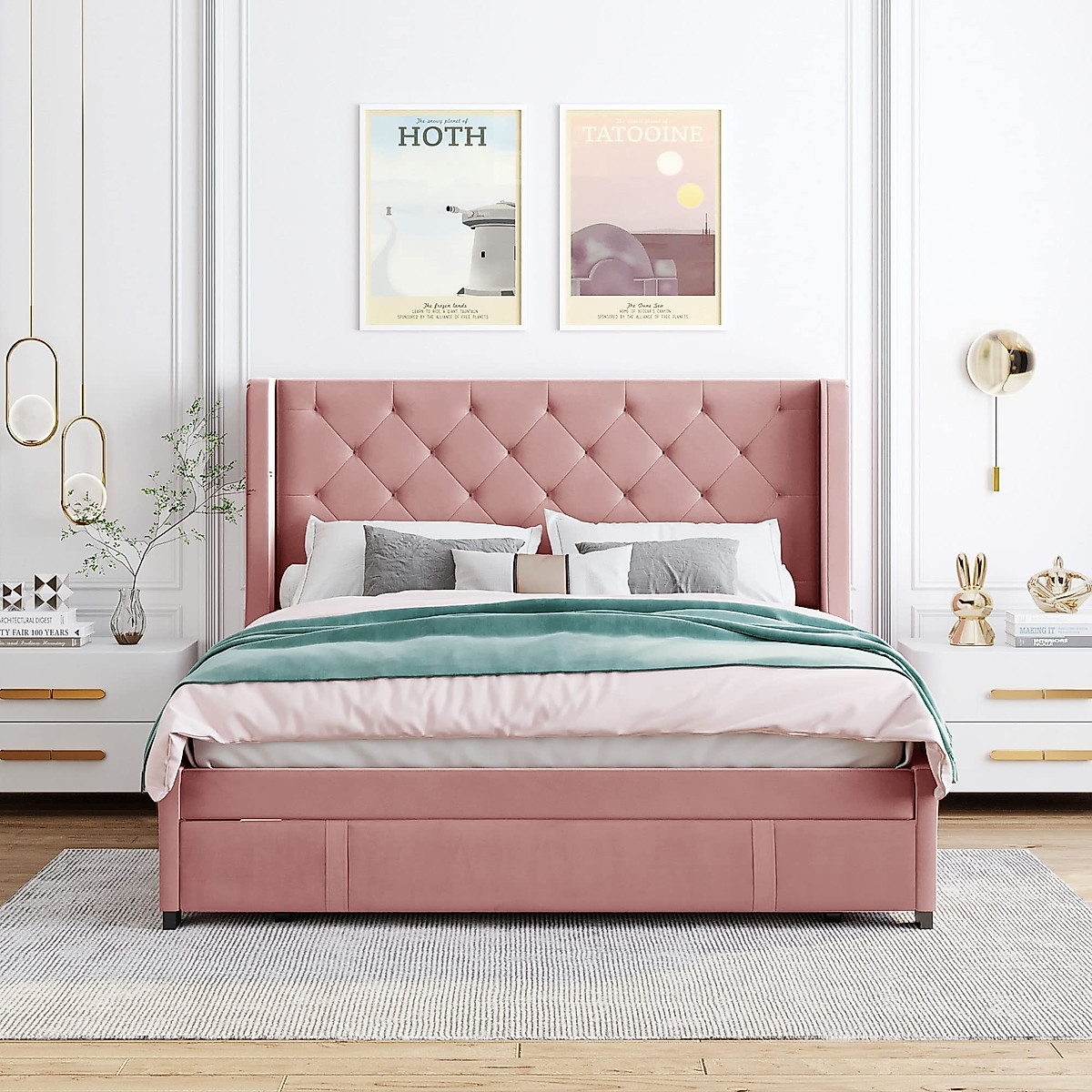 Morhome Queen Size Upholstered Bed Frame with Wingback Headboard and a Big Drawer, Noise-Free, No Box Spring Needed, Easy Assembly