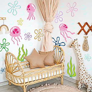 Under The Sea Jellyfish Bubbles Wall Stickers，Under The Sea Ocean Wall Decals，Removable Vinyl Under The Sea Decor，Underwater Sea Wall Stickers for Toddler Baby Nursery Living Room Office.