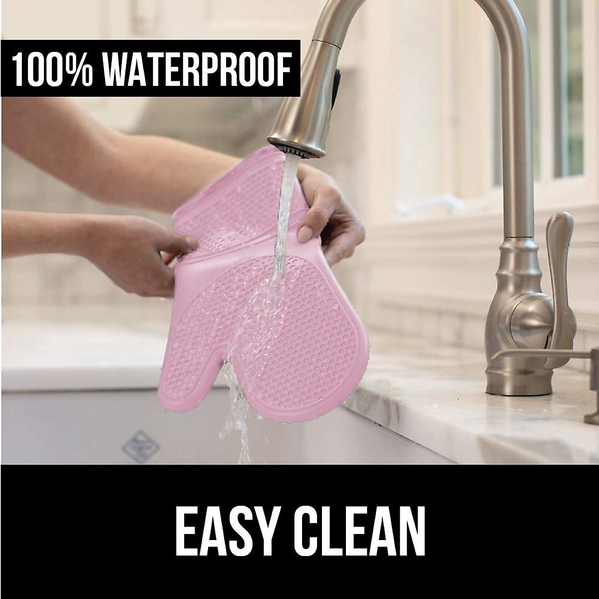 GORILLA GRIP BPA-Free Soft Silicone Oven Mitts, Heat and Slip Resistant Thick Cotton Lined Cooking Mitt Set, Long Flexible Potholders Protect Hands, Kitchen Essential Waterproof Gloves, 12.5" Pink