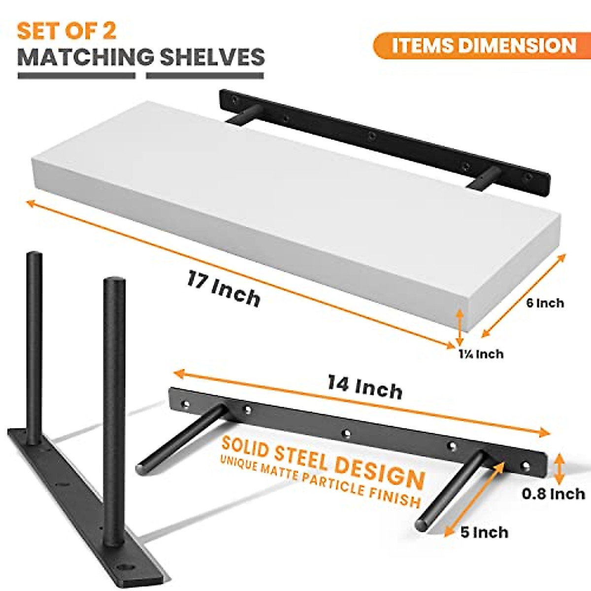 BATODA 17" White Floating Shelves Wall Mounted for Bathroom – Rustic Farmhouse Wooden Wall Storage Shelf for Bed Room, Kitchen, Home Décor - Brackets Included -17x 6x1.2 Inch (17 Inch)