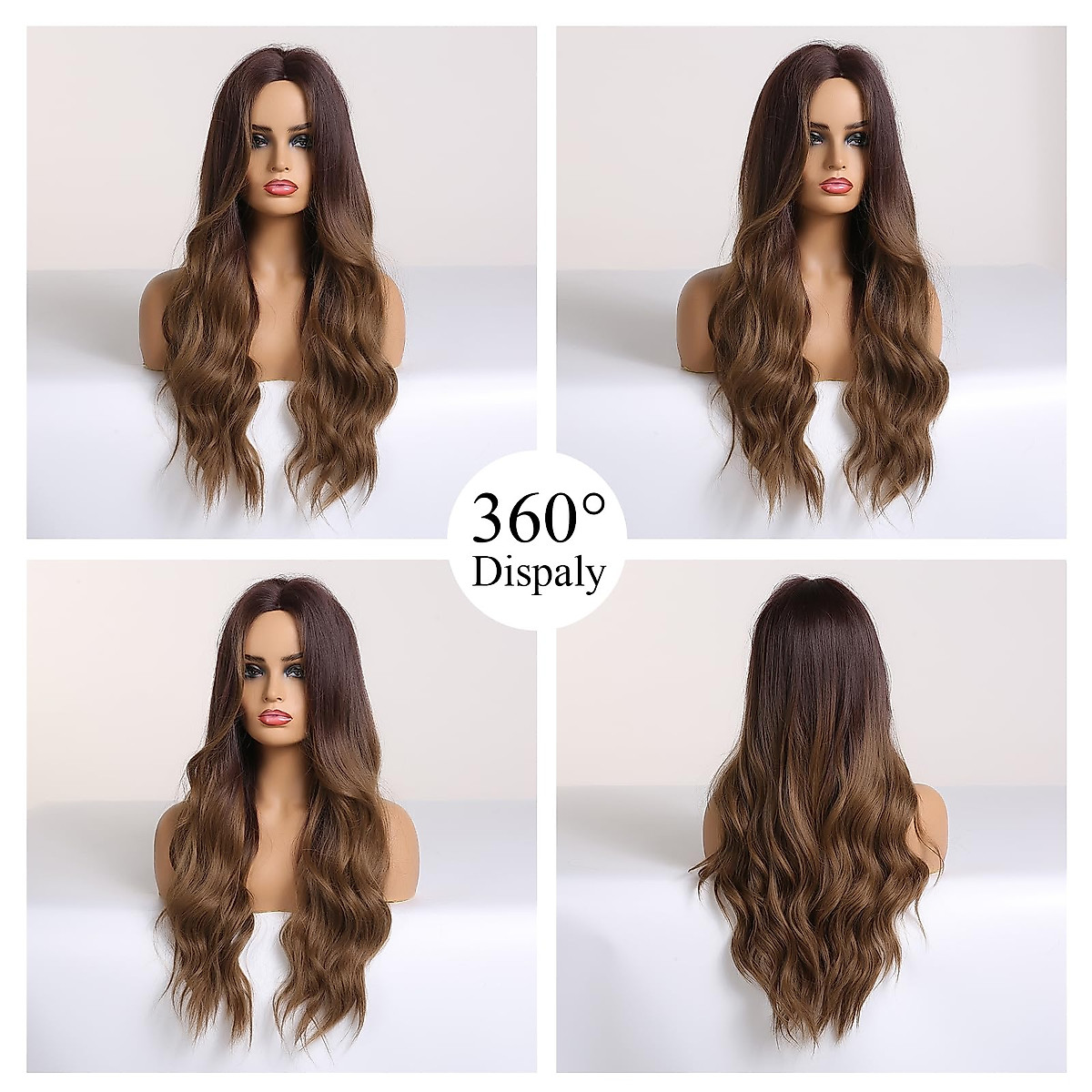 topshe Brown with Highlights Synthetic Wigs Middle Part Long Wavy Wigs with Dark Roots Womens Natural Heat Resistant Hair