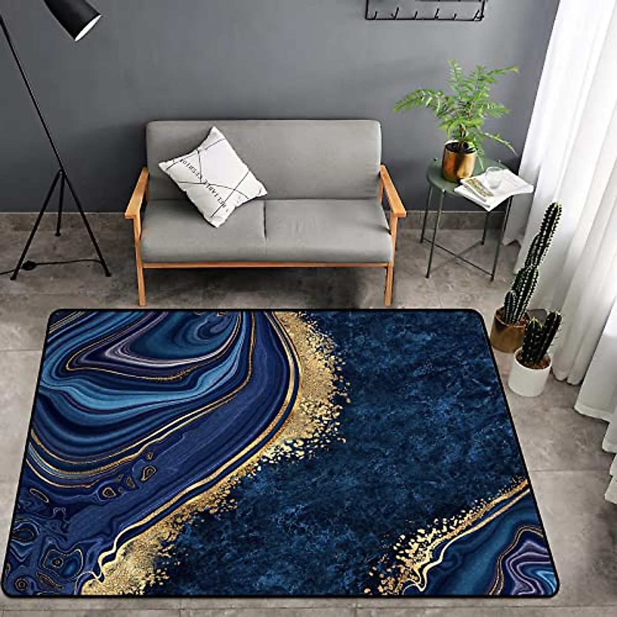 Washable Area Sponge Rug Pad for Kids Girls Bedroom Living Room Dark Blue Marble, Gold Natural Luxury Abstract Art Non-Slip Carpet Super Soft Extra Thick Bathroom Dorm Home Indoor Small Floor Rugs
