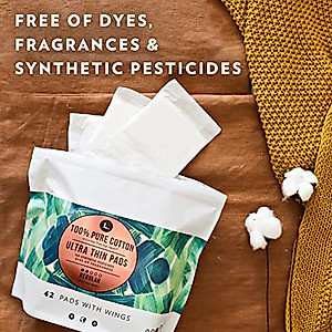 L. Organic Cotton Ultra Thin Pads For Women, Regular Absorbency, Free From Chlorine Bleaching Pesticides Fragrances Or Dyes, 84 Count