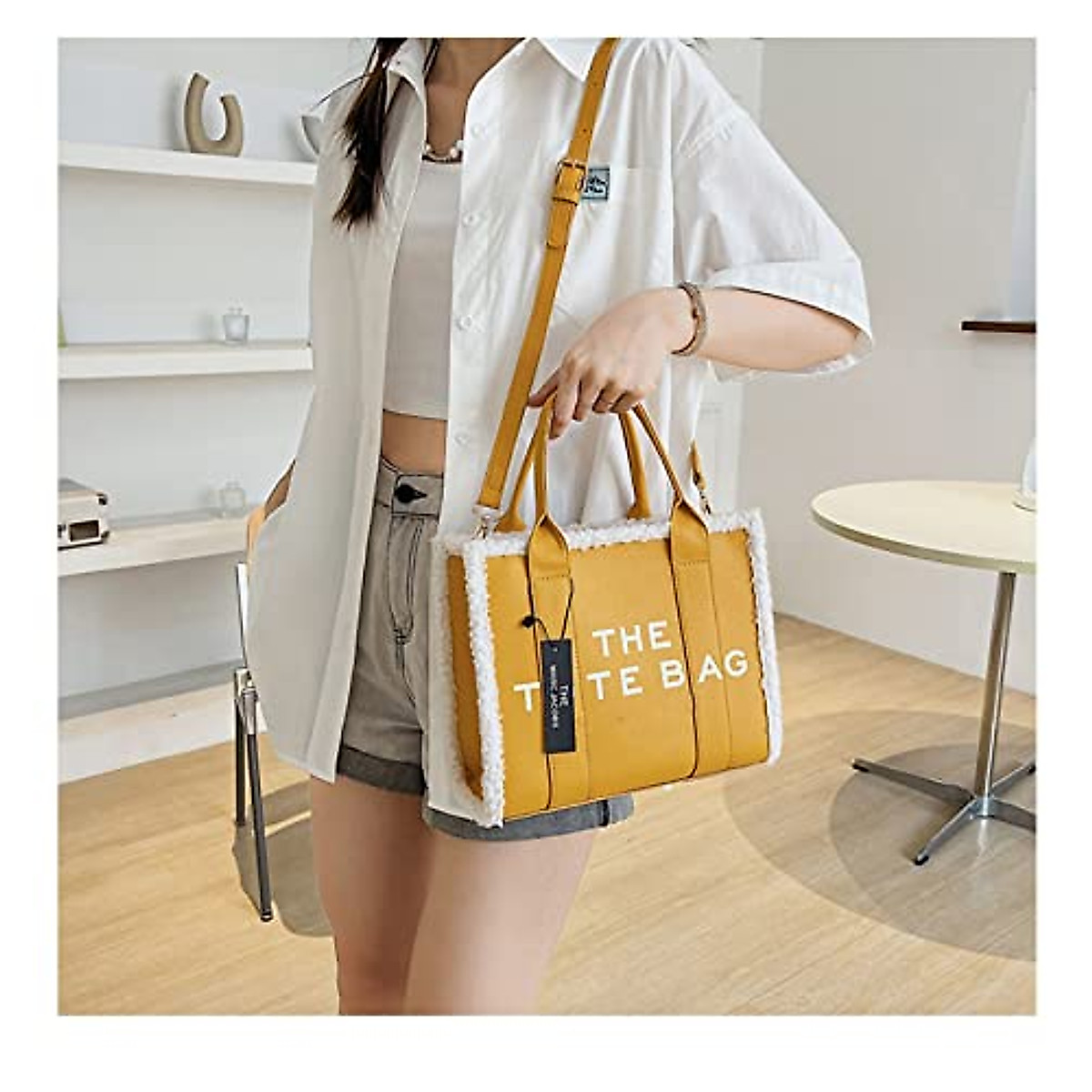 The Tote Bag for Women, Letter Handbag Tote Bag, Lamb Fur + Leather Shoulder/Crossbody Bag, for Office, Travel, School
