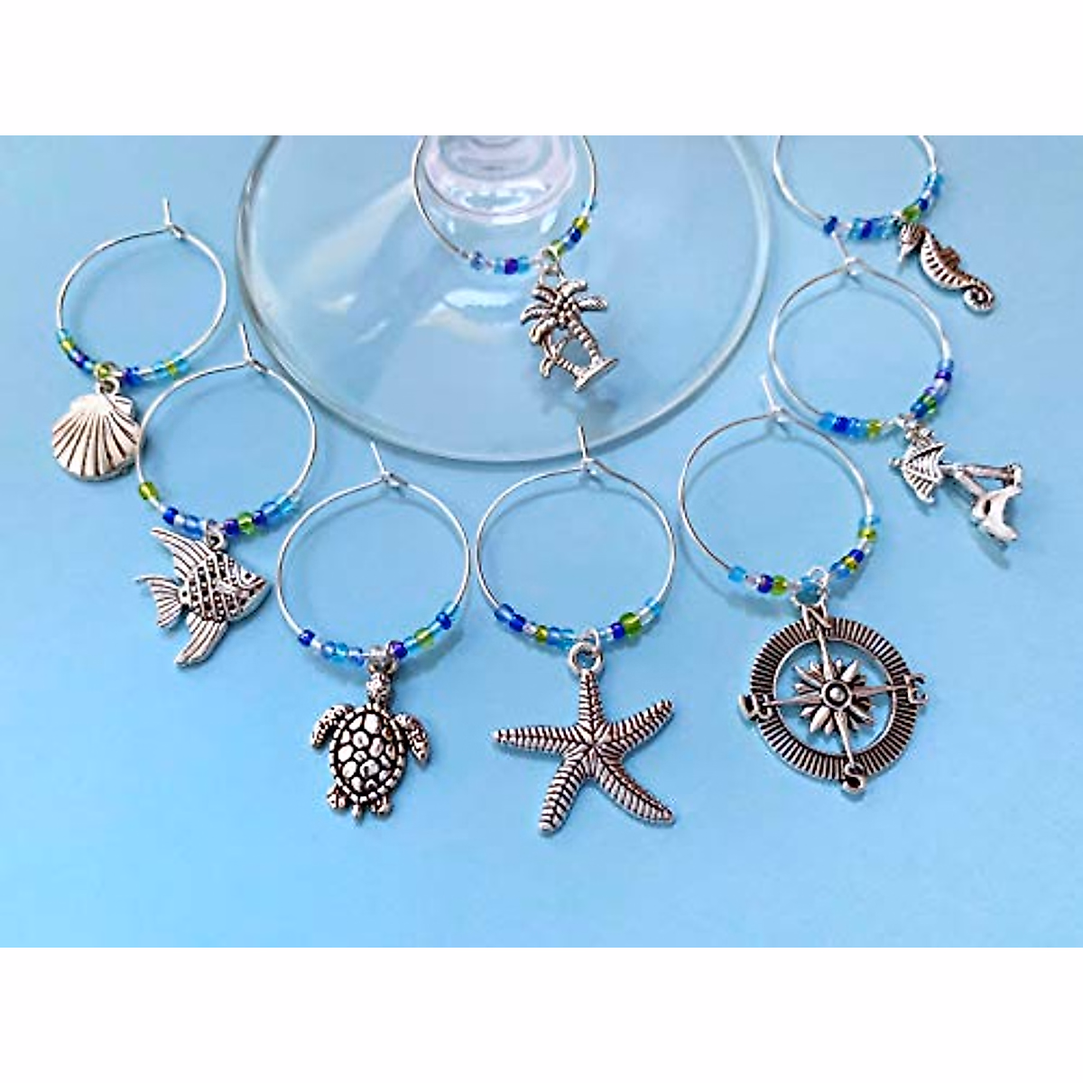 Caribbean Beach Themed Wine Charms, Gift for Island Beach Getaway, beach themed, Tropical Vacation, Summer by the Sea, Set of 8. SEA GLASS BEADS.