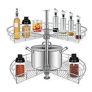LIVOSA 32" Kidney Shaped Organizer Lazy Susan, 2-Shelf Stainless Steel Kitchen Kidney Shaped Organizer/Rotating Bask