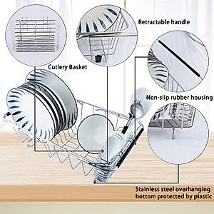 Tikxlafe Dish Drying Rack in Sink 304 Stainless Steel with Utensil Cutlery Holder for Kitchen Counter,Medium Expandable Deep Rustproof Over The Sink Dish Rack Set