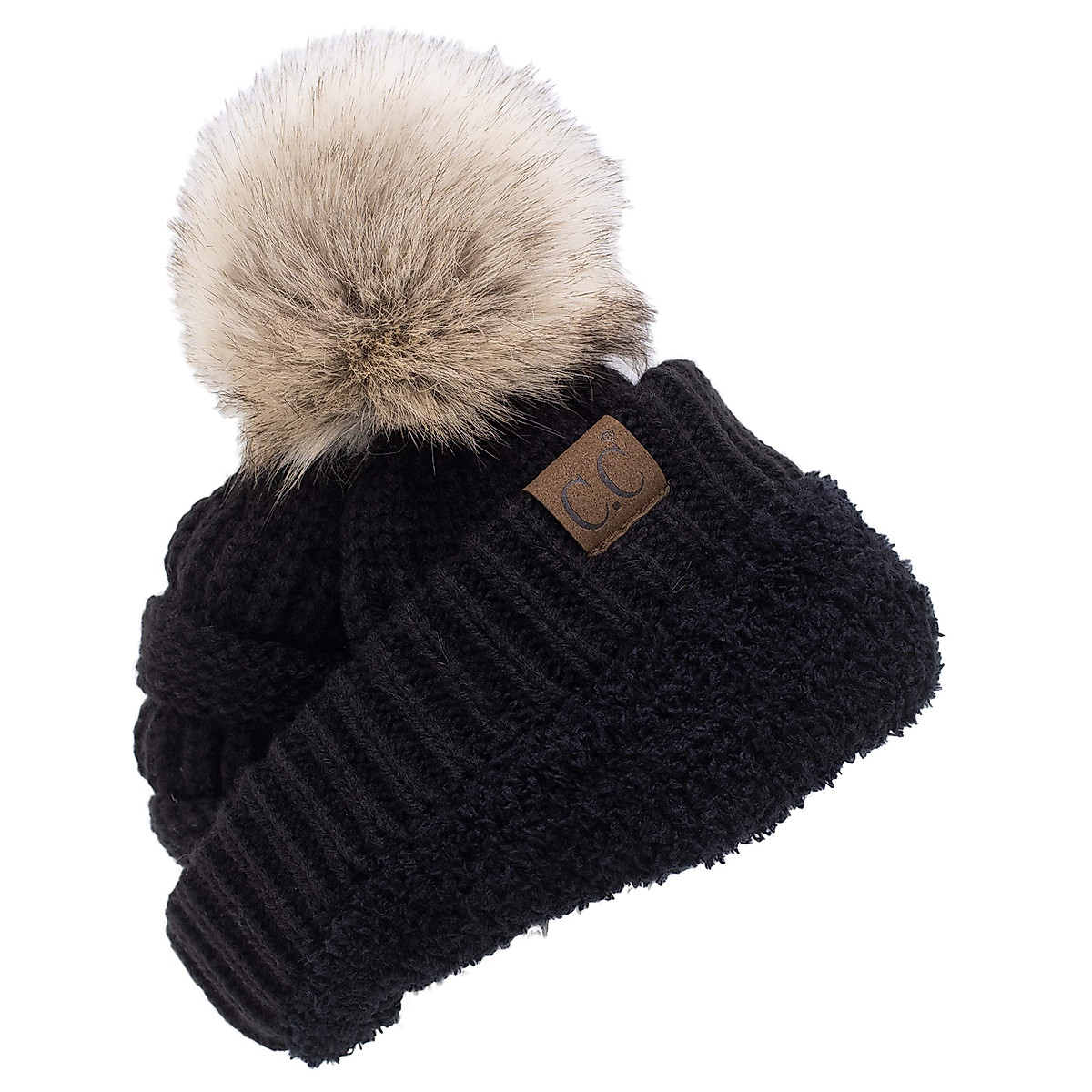 C.C Trendy Fuzzy Sherpa Fleece Lined Warm Soft Stretch Cable Knit Faux Fur Pom Pom Skull Cap Cuff Beanie Hat
