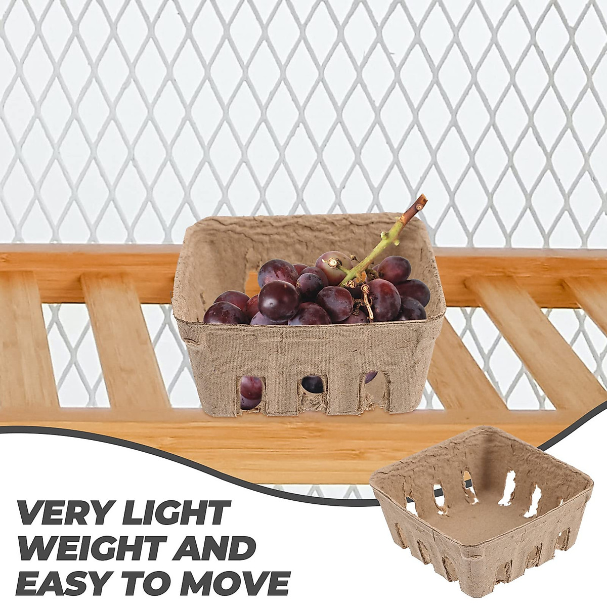 GANAZONO Bushel Basket 50pcs Square Paper Berry Basket Pulp Fiber Produce Vented Container Holder Box Fruit Tray for Fruit Vegetable Farmer Market Grocery Packaging Desktop Stand