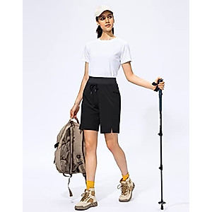 Women's Hiking Long Shorts 9" Quick Dry Cargo Bermuda Shorts Lightweight Knee Length with Zipper Pockets for Women(Black,M)