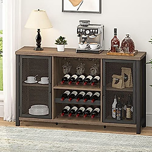IBF Industrial Wine Bar Cabinet, Coffee Bar Cabinet for Liquor and Glasses, Farmhouse Liquor Cabinet with Storage Rack, Sidebaord Buffet Cabinet for Home Kitchen Dining Living Room, Rustic Oak, 55 in