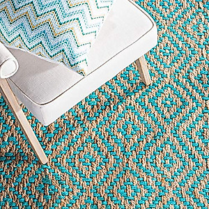 SAFAVIEH Natural Fiber Collection Area Rug - 5' x 8', Turquoise & Natural, Handmade Boho Diamond Tassel Jute, Ideal for High Traffic Areas in Living Room, Bedroom (NF266C)