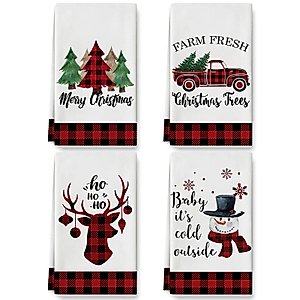 AnyDesign Christmas Kitchen Dish Towels 18 x 28 in Buffalo Plaids Reindeer Xmas Tree Truck Snowman Tea Towel Red Black Plaids Ultra Absorbent Cloth Hand Drying for Cooking Baking Home Supplies, 4Pcs