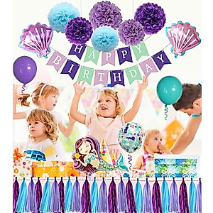 iPartycool, 60pcs Mermaid Birthday Decorations for Girls Women, Little Mermaid Party Decorations with Mermaid Balloons Happy Birthday Banner Pom Poms Hanging Swirls Tassels Confetti Shell Balloons