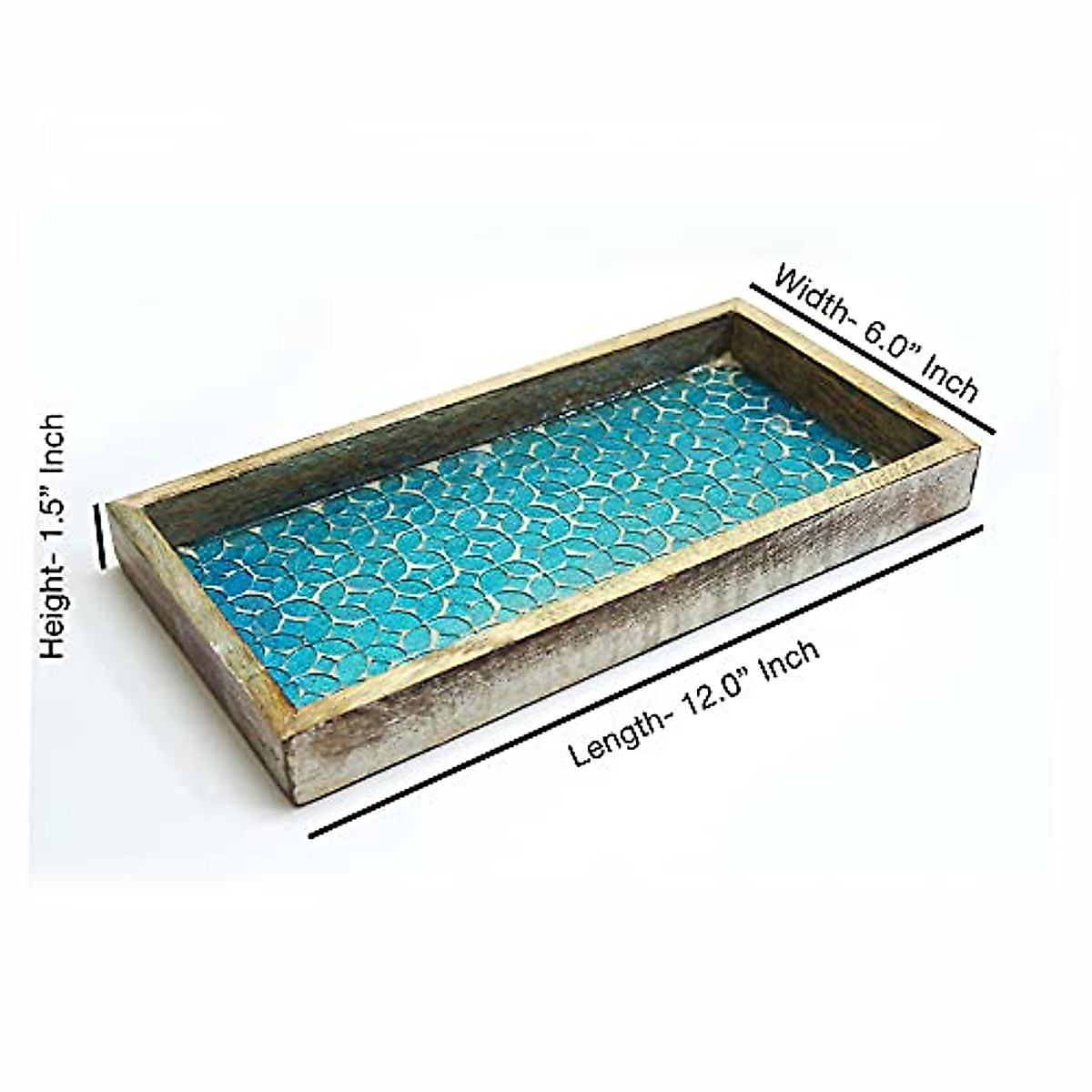 nu steel Luxury Aqua Marine Mirror Mosaic & Wood Tray for Bathrooms, Countertops, Jewelry, Perfume, Storage