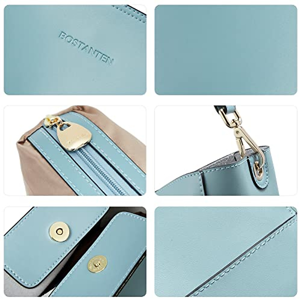 BOSTANTEN Women's Leather Designer Handbags Tote Purses Shoulder Bucket Bags Light Blue