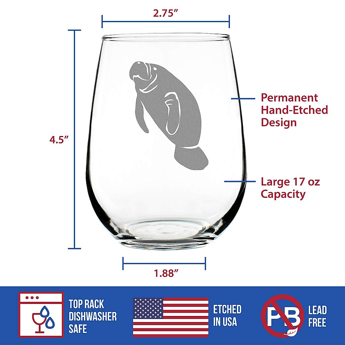 Manatee Stemless Wine Glass - Cute Funny Ocean Animals Themed Decor and Gifts for Sea Creature Lovers - Large 17 Oz