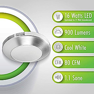 Homewerks 7117-01-BN Bathroom Integrated LED Light Ceiling Mount Exhaust Ventilation 1.1 Sones 80 CFM, Bath Fan Brushed Nickel