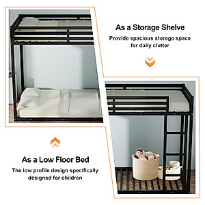 iRoll Full Over Full Bunk Bed, Metal Bunk Bed with Built-in Ladder and Full-Length Guardrail, Low Floor Bunk Beds for Boys Girls & Adults, Noise Free, No Boxing Spring Needed, Space Saving, Black