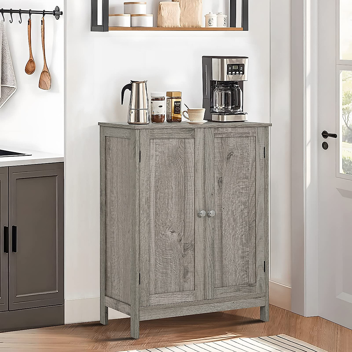 Iwell Storage Cabinet, Floor Storage Cabinet with 2 Adjustable Shelves & 2 Doors, Wooden Shoe Cabinet for Entryway, Office, Living Room, Gray