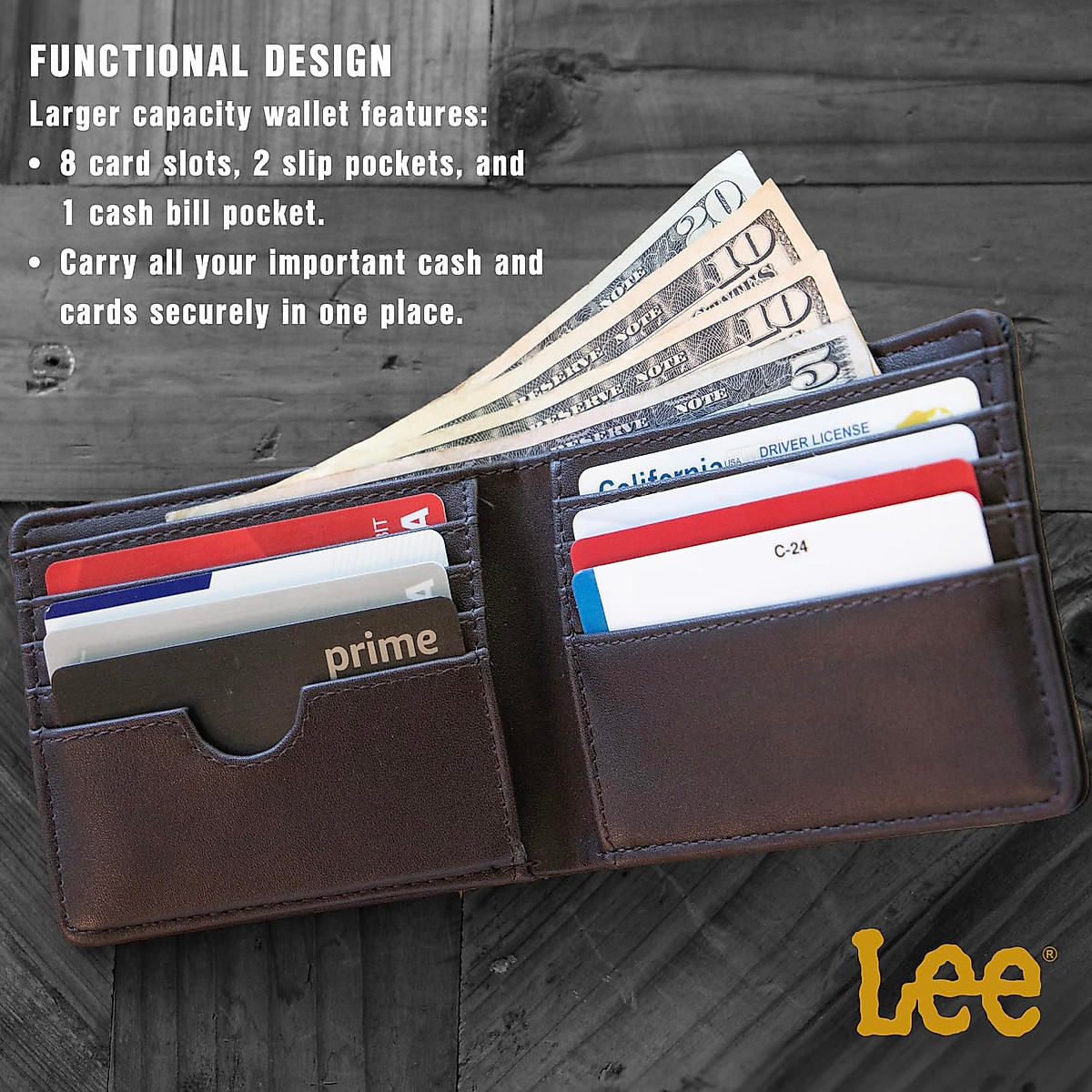 Lee Men’s Classic Slim Bifold Wallet Casual Everyday Minimalist Cash and Card Holder (Black)