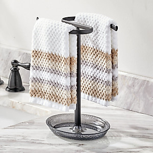 mDesign Steel Fingertip Towel Rack Stand with Base Tray - Towel Holder, Towel Bar for Bathroom, Kitchen, Powder Room - Holds Hand Towel, Washcloths - Rain Collection - Black