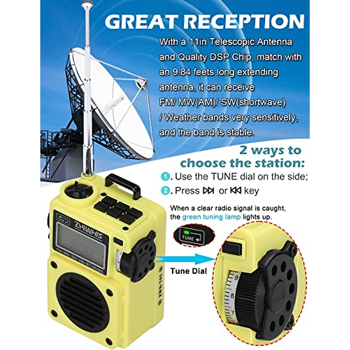 ZHIWHIS Shortwave Radio, MP3 Player with Weather Radios Portable AM FM, Retro Bluetooth Speaker with 6 EQ Modes, Rechargeable Alarm Clock Receiver with Sleep Time and NOAA Alerts ZWS-701