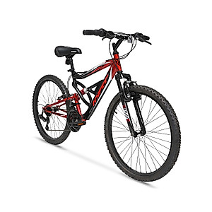 Hyper Kids Mountain Bike 24 Inch Youth Downhill Mountain Bike. Shimano 18 Speed Twist Shifters and Steel MTB Bike Frame. Full Suspension Mountain Bike. Shocker (Red/Black)