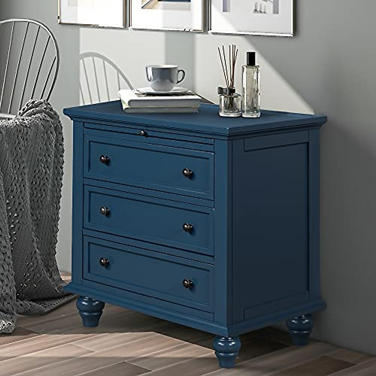 Knocbel 3-Drawer Nightstand with Pull-Out Tray, Wooden Bedside Night Stand Sofa Side End Table with Legs, 110lbs Weight Capacity, 28.1" H x 28" W x 16.9" D (Blue)