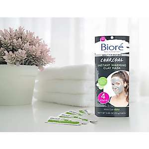 Bioré Charcoal Instantly Warming Clay Facial Mask for Oily Skin, with Natural Charcoal, Cleanse Clogged Pores, Dermatologist Tested, Non-Comedogenic, Oil Free,1 Pack (4 Count)
