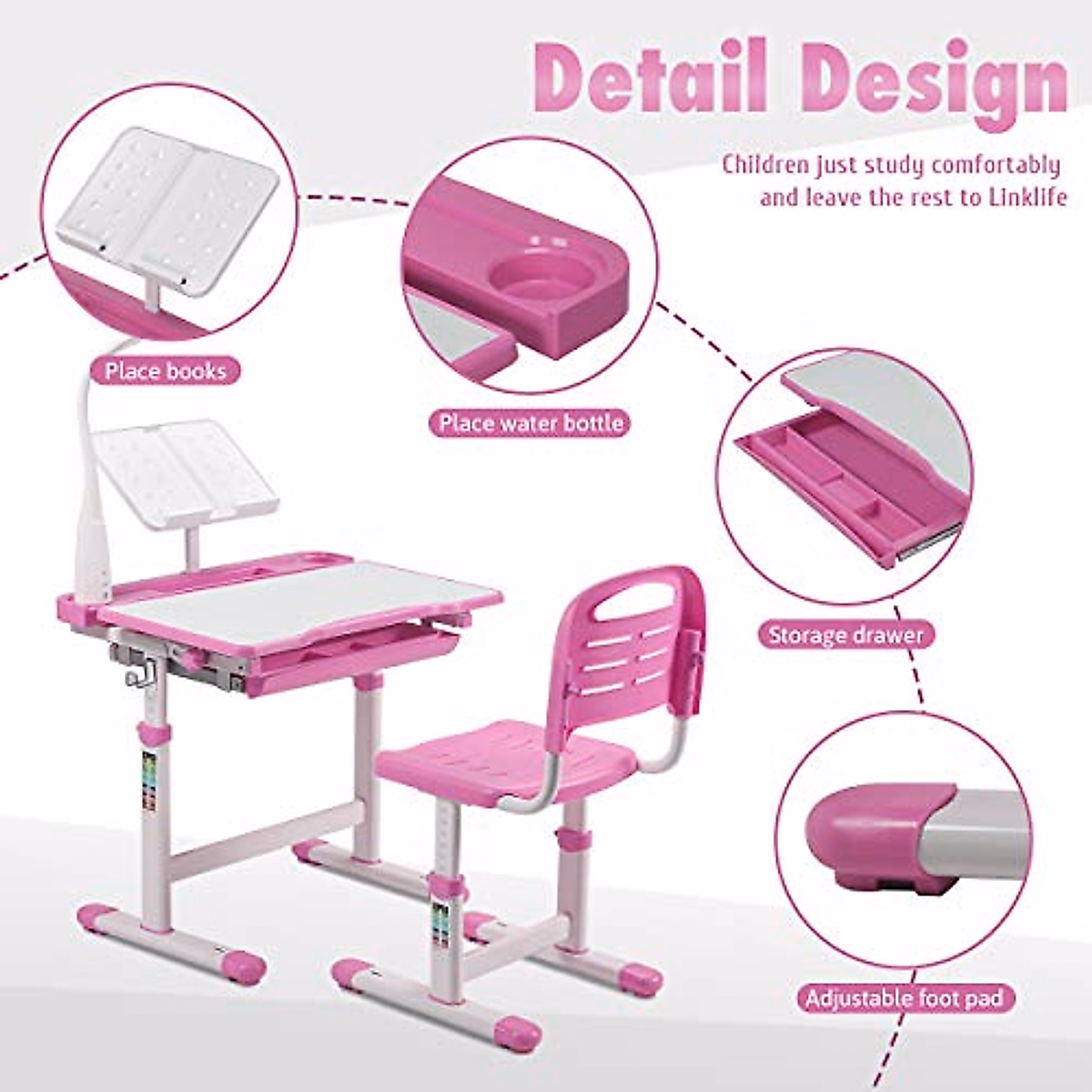LINKLIFE Kids Functional Desk and Chair Set, Height Adjustable Children School Study Desk with Tilt Desktop, Bookstand, Pencil Case,LED Light, Metal Hook and Storage Drawer for Boys Girls (Pink)…