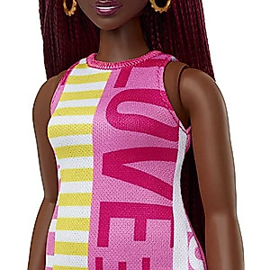 Barbie Fashionistas Doll #189 with Curvy Body, Crimson Braids, Sleeveless Love Dress & Hoop Earring Accessory