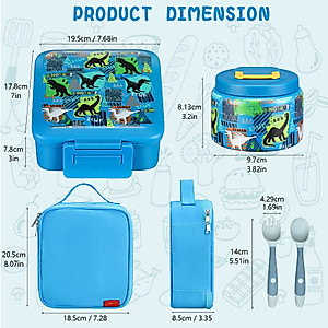 JXXM Bento Lunch Box for Kids With 8oz Soup thermo,Leak-proof Lunch Containers with 5 Compartment,thermo Food Jar and Lunch Bag, Food Containers for School (A-Blue(Dinosaur))