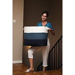 22"x14"x18" Mega Size Rectangular Extra Large Storage Basket, Rectangular Cotton Rope Storage Baskets, Woven Laundry Hamper, Cloth Storage Bin, for Clothes Blanket in Living Room, Dark Blue/Deep Blue