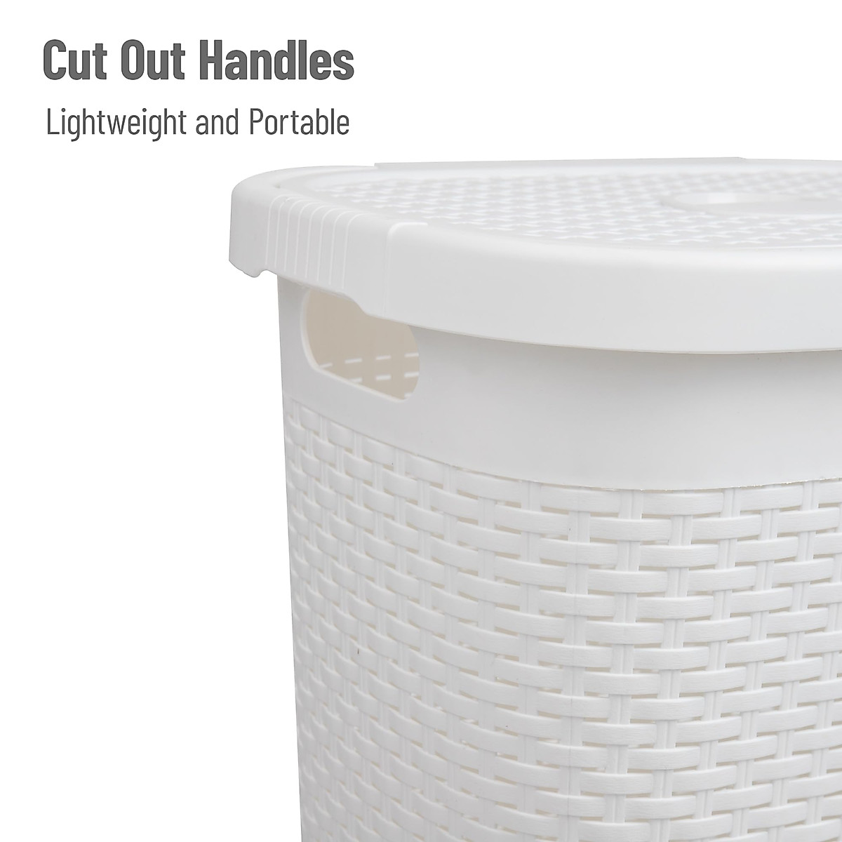 Mind Reader 50L Slim Laundry Hamper, Clothes Basket, Lid, Wicker Design, Plastic, 17.65"L x 13.75"W x 21"H, White