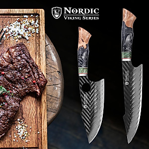 Nordic New Viking Series Professional 8 Inch Chef Knife, Damascus Chef Knife, 67 Layers, Hand Forged Chef Knife with Resin and Maple Wood Handle and Leather Sheath