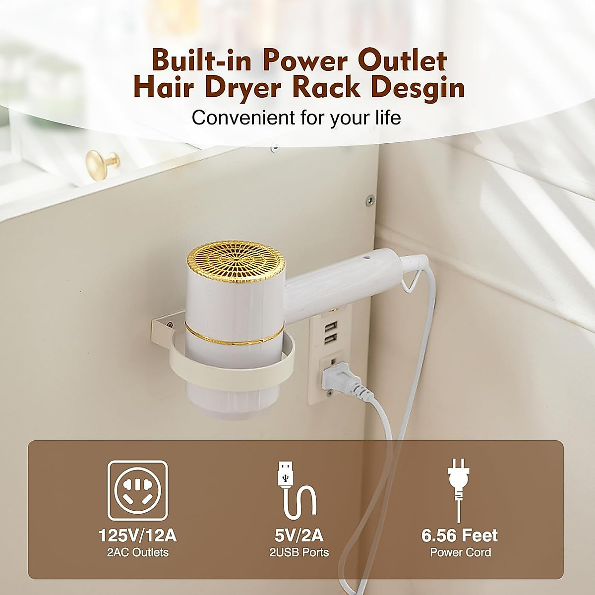 JanflyHome Vanity Desk with Mirror and Lights, Makeup Vanity Table with Drawers, Storage Stool, 41" Large Mirror Dressing Table Vanity Set for Girls Women Bedroom, White