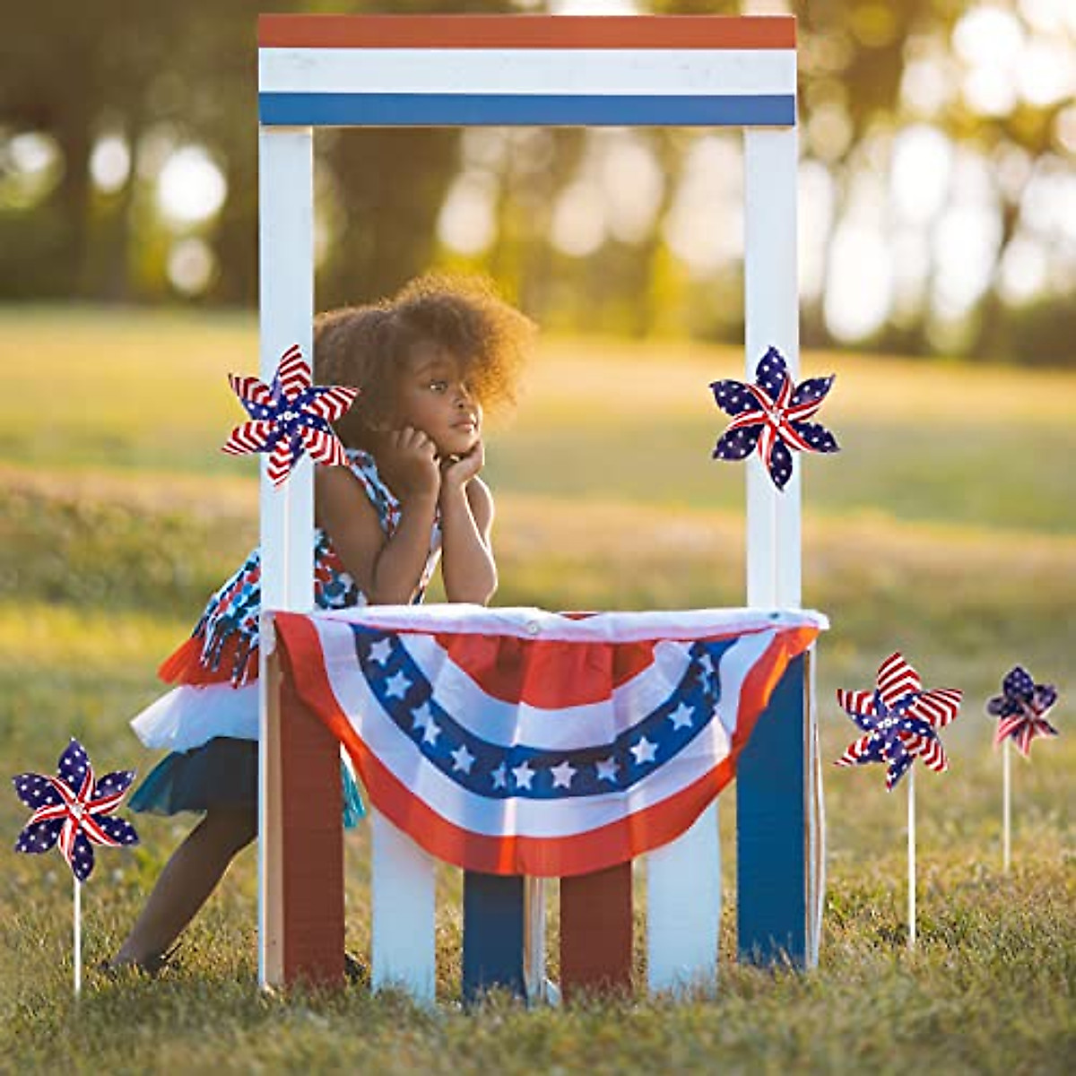 American Flag Patriotic Pinwheels Independence Day Pinwheels US Stars and Stripes Pinwheels with Instruction Garden Windmill Wind Spinner for Kids Adults, July of 4th Decor Yard Garden Lawn (30)