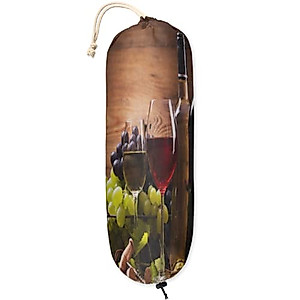 Red Wine Glasses Plastic Bag Holder Organizer Wall Mount,Grapes Large Grocery Bag Storage Dispenser Garbage Shopping Trash Bag Holder with Drawstring for Home Kitchen Pantry Decor 22×9 Inch