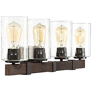 Franklin Iron Works Poetry Industrial Farmhouse Rustic Wall Light Bronze Wood Grain Hardwired 34" 4-Light Fixture Clear Seedy Glass Shade for Bedroom Bedside Bathroom Vanity Living Room Hallway