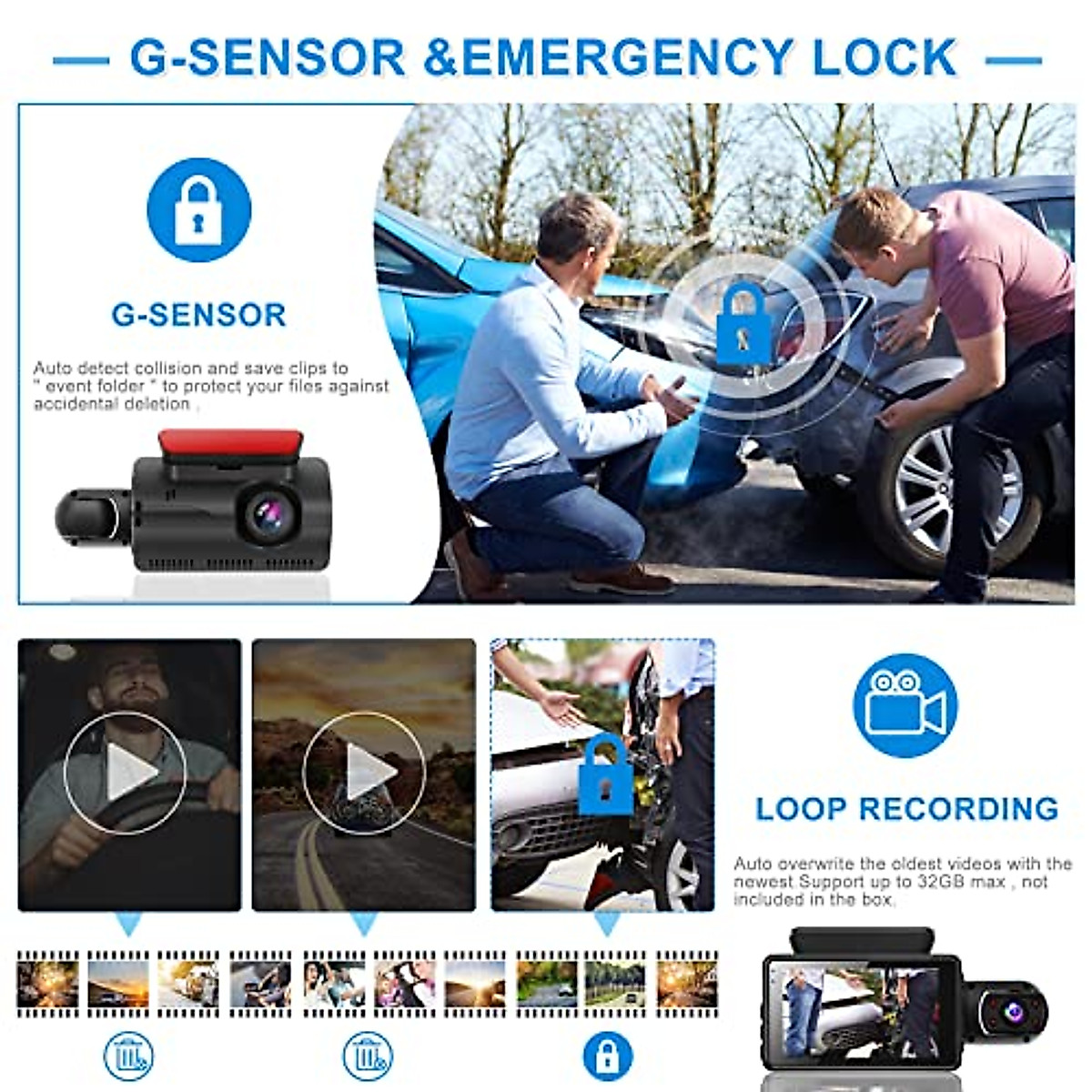 Dash Cam Front and Inside 1080P Dual Dash Camera for Cars 3 Inch Full HD 110° Wide Angle Car Dashboard Camera w/Infrared Night Vision, G-Sensor, Parking Monitor, Loop Recording, Motion Detection