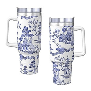Xiexide 40oz Rustproof Hiking Tower Spring Chinese Folk Chinoiserie Style Double Walled Vacuum Insulatedith Handle And Straw,Hot & Cold Drinks