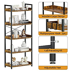 APPOLYN 5 Tier Bookshelf with 2 Hooks, Tall Bookcase, Modern Book Shelves Organizer, Bookshelves for Bedroom, Living Room and Home Office, Vintage