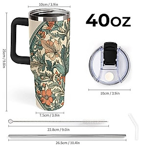 RTFGHJS 40 Oz Tumbler Green Floral Pattern Insulated Tumbler Travel Coffee Mug with Straw Lid Stainless Steel Water Bottle Vacuum Insulated Tumbler for Sport Work Car Travel Weekends