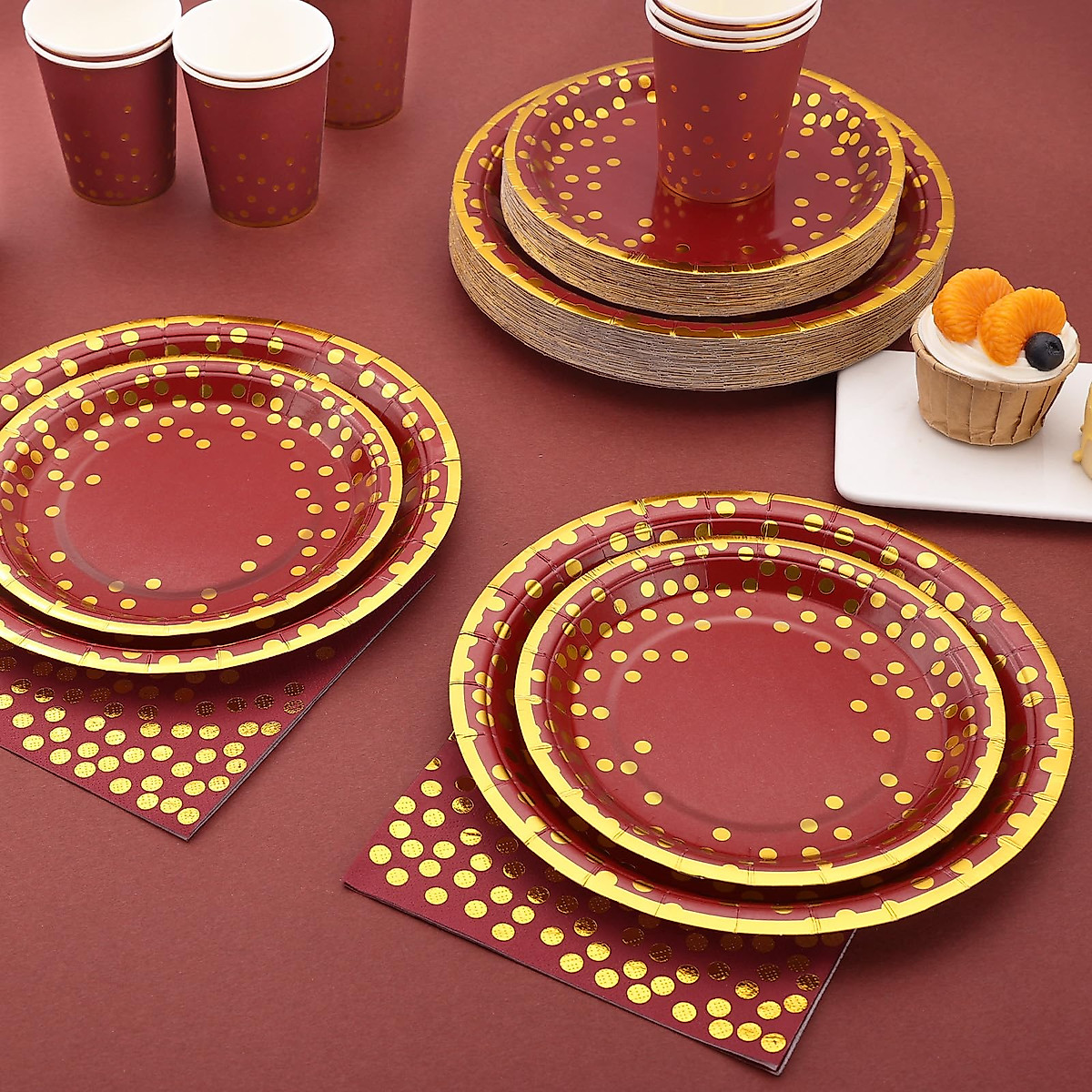Gudvilla Burgundy and Gold Party Decorations, 200Pcs Burgundy Plates and Napkins Party Supplies, Serve 50, Maroon and Gold Graduation Decorations for Birthday Valentines Graduation Plates