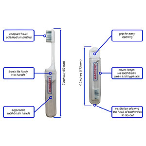 Bagdent Travel Toothbrushes and Toothpaste Empty Containers - 11 PCS/Set: 3X Foldable Toothbrushes, 6X Empty Refillable Tubes (0.12oz), 2X Filling Adapters, Travel Set, Emergency Set, Daily Use