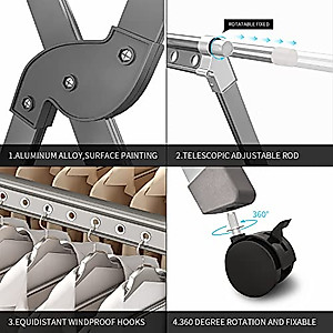 HWAJAN 90 Inches Folding Clothes Drying Rack Indoor Outdoor-Aluminum Collapsible Clothing Drying Racks for Laundry-Heavy Duty Foldable Clothes Dryer Rack with 42 Windproof Hooks,Large,Grey